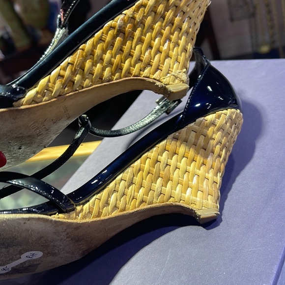 Prada | Shoes | Prada Tan Rattan Wedge Black Strappy Sandals Tiki 37 ...